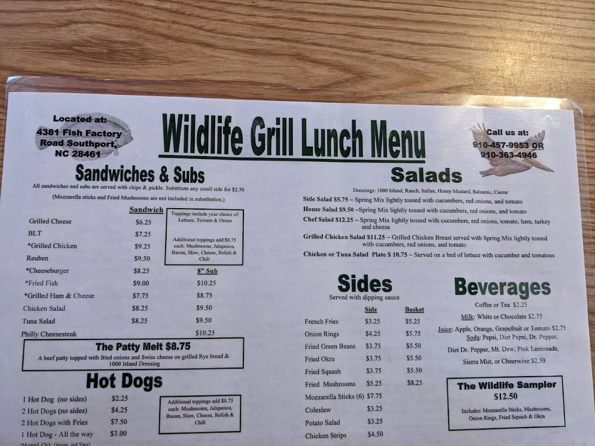 Menu at Wildlife Grill restaurant, Southport