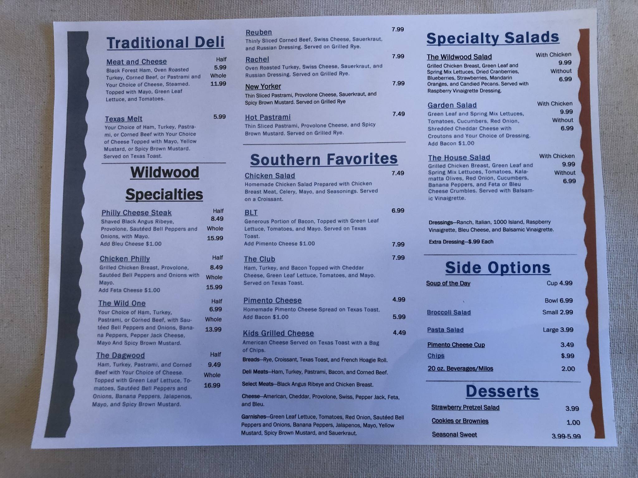 Menu at Wildwood Deli cafe, Athens