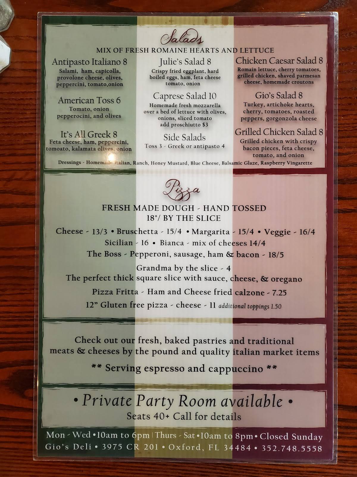 Menu at Gio's Deli cafe, Oxford