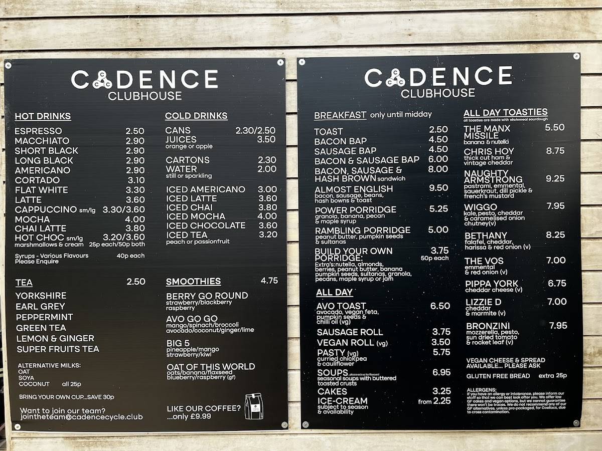 Menu at Cadence at The Handlebar Cafe, Winchester