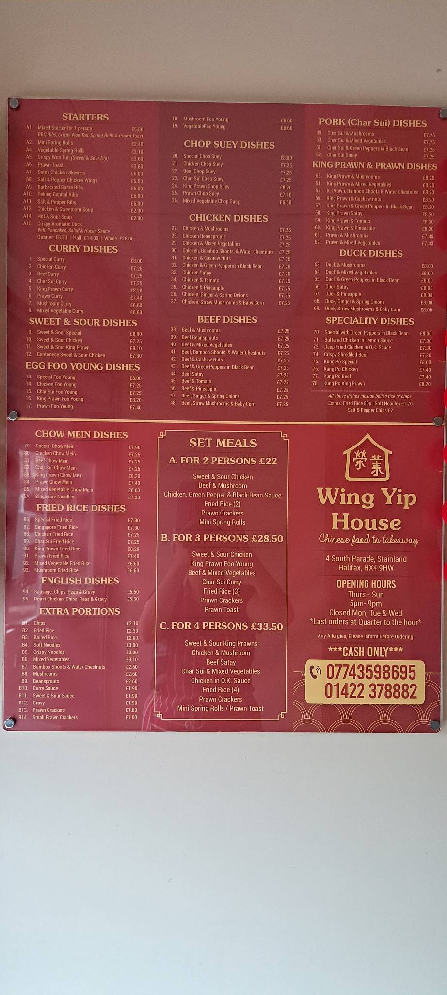 Menu at Wing Yip Chinese Takeaway, Halifax