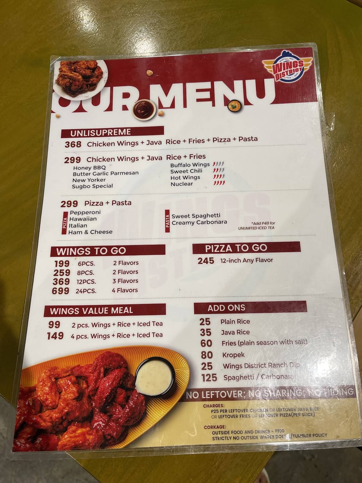 Menu at Wings District restaurant, Mandaue City