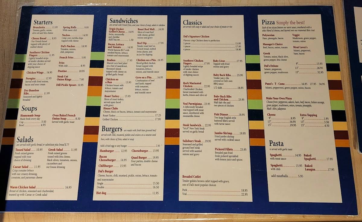 Menu at Dal's Restaurant & Lounge, Winnipeg, 701 Regent Ave W