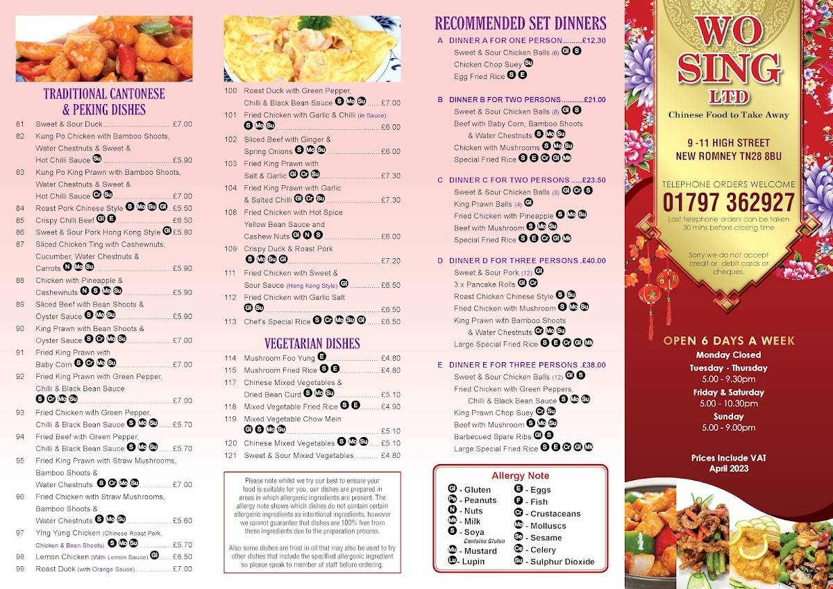 Menu at Wo Sing Chinese Take Away fast food, New Romney