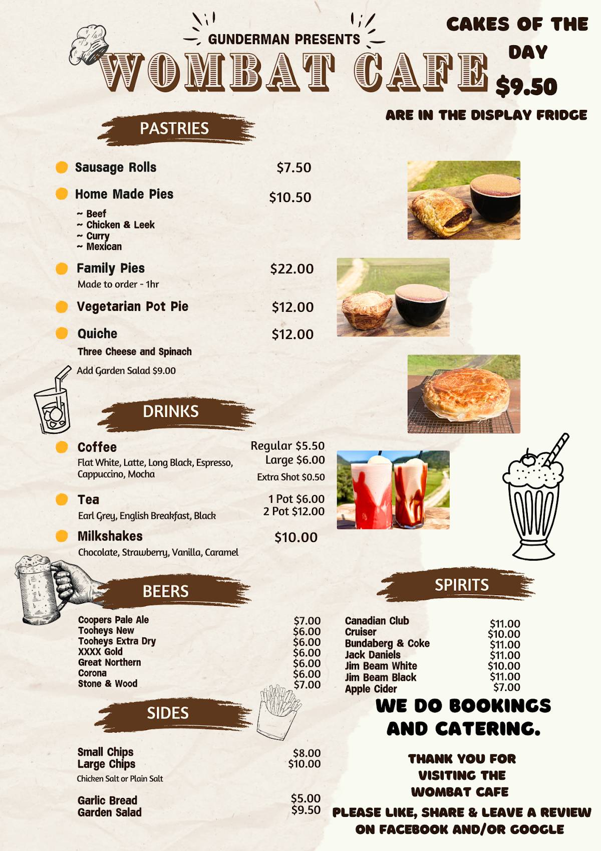 Menu at Wombat Cafe, Gunderman