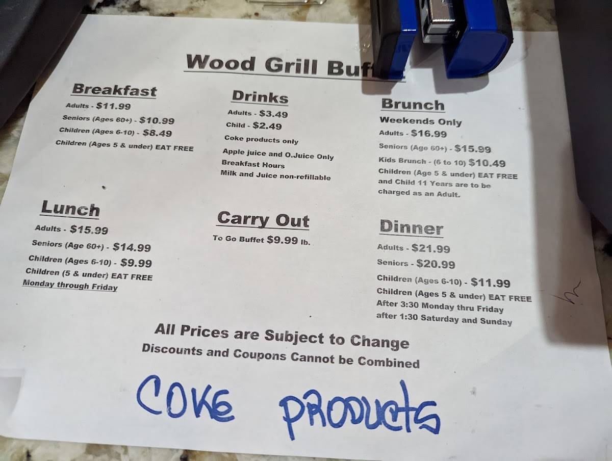 Menu at Wood Grill Buffet restaurant, Pigeon Forge