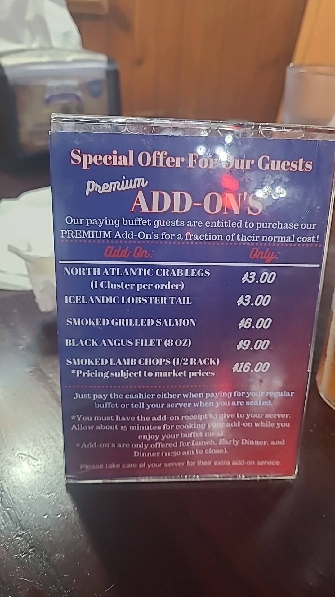 Menu at Wood Grill Buffet restaurant, Pigeon Forge