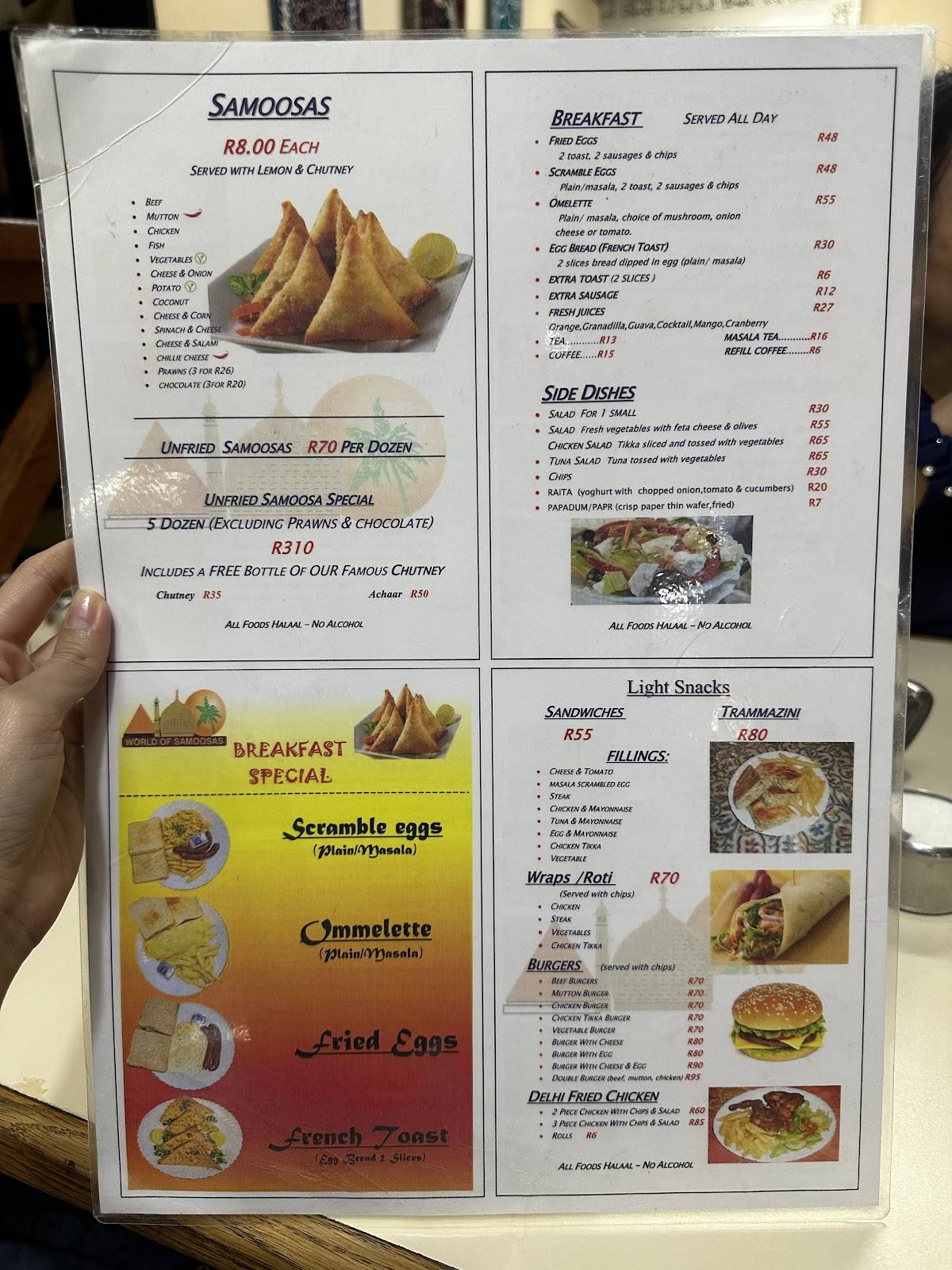 Menu at World of Samoosas restaurant, Johannesburg, Albertina Sisulu Rd