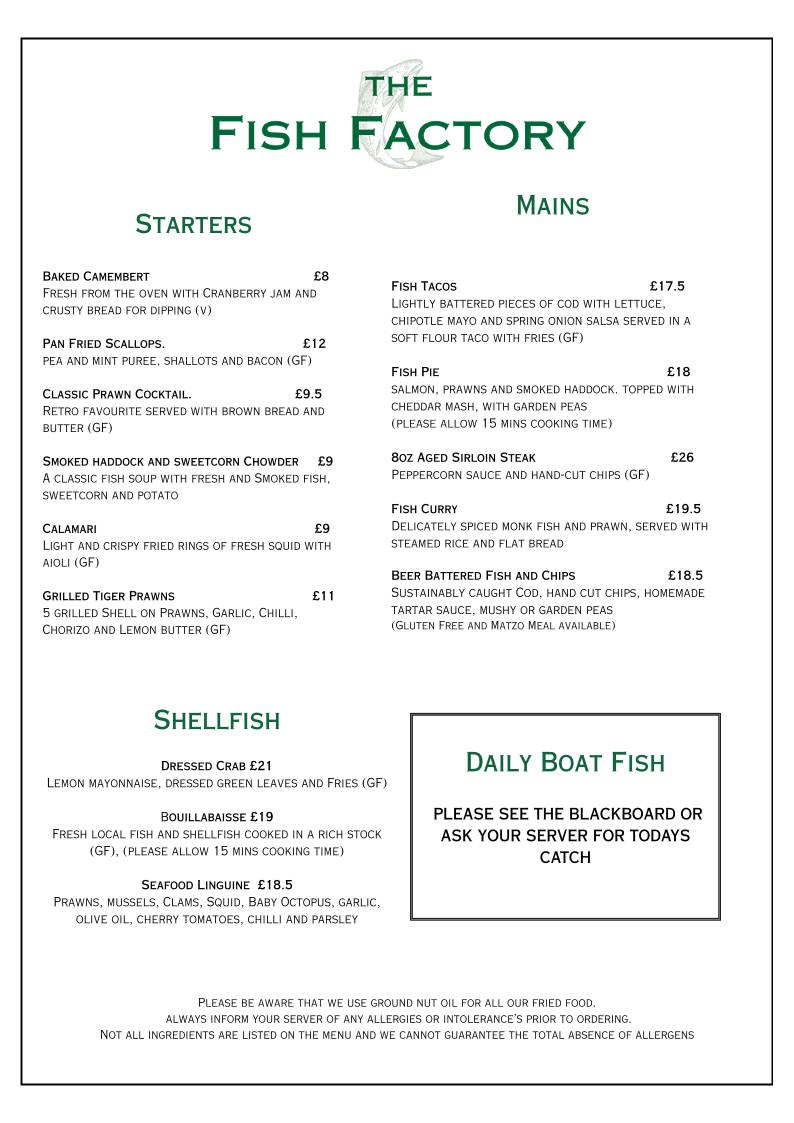Menu at The Fish Factory restaurant, Worthing