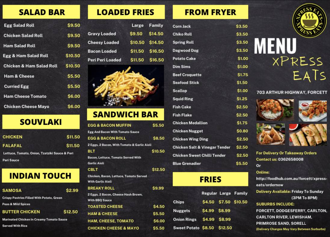 Menu at Xpress eats restaurant, Forcett