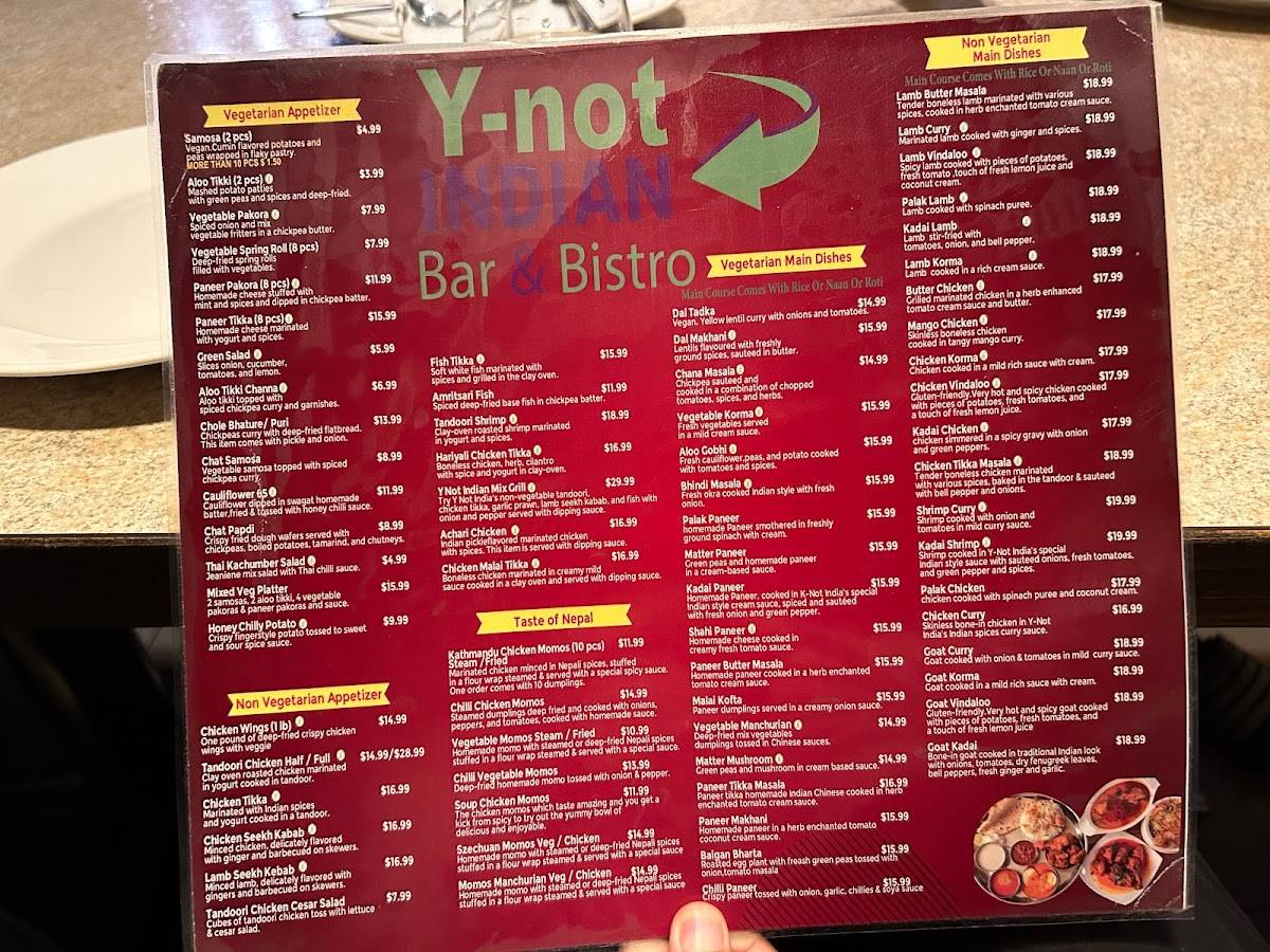 Menu au Y Not Indian Bar & Bistro, Edmonton