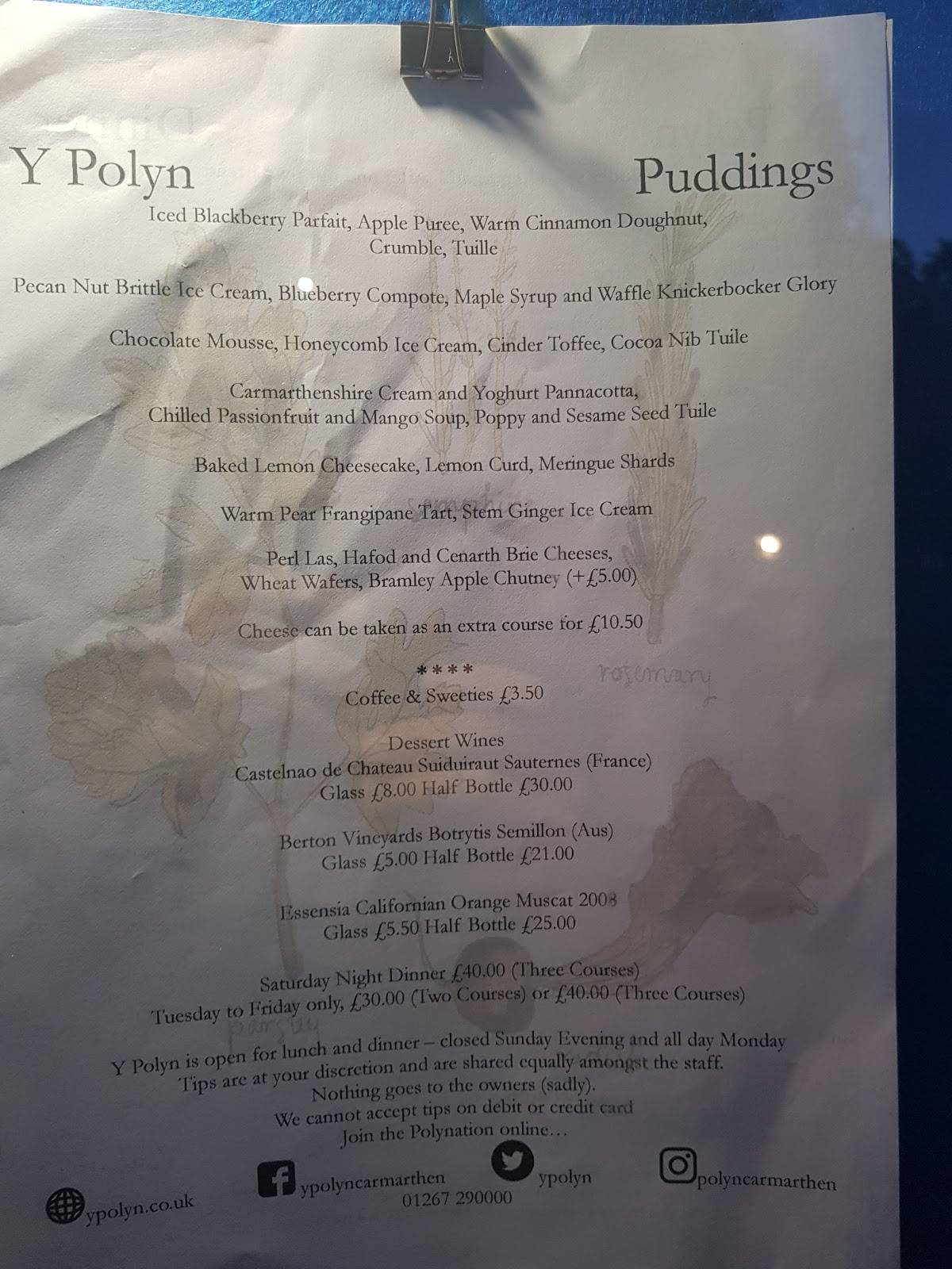 Menu at Y Polyn restaurant, Porthyrhyd, Nantgaredig