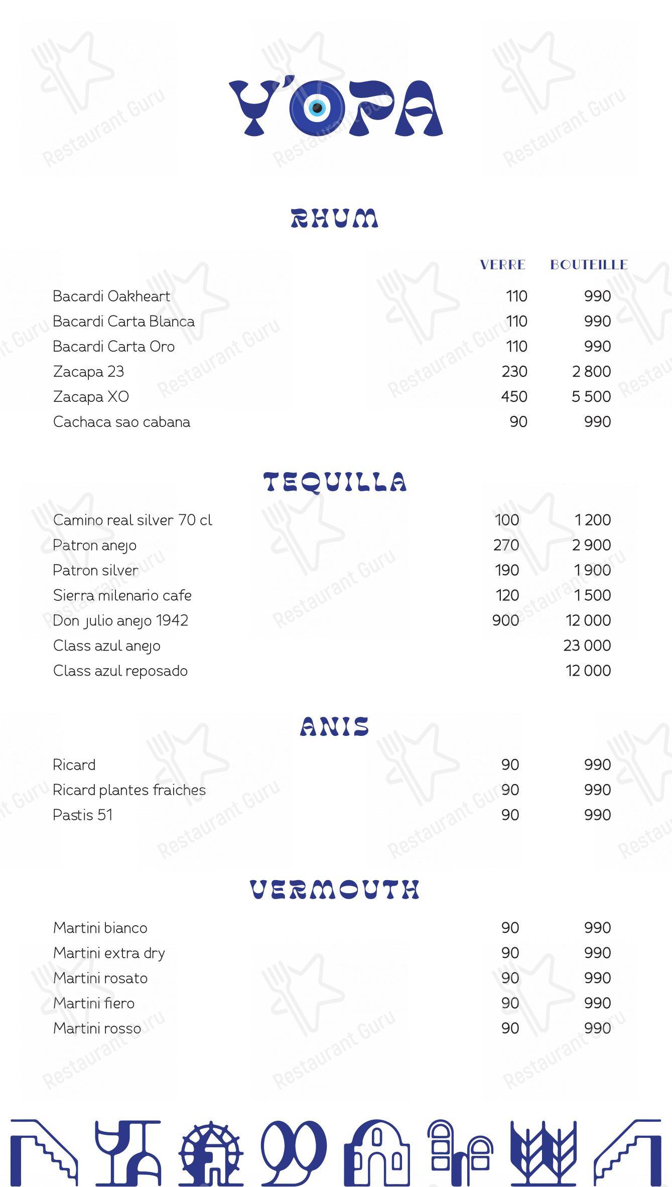 Menu au Y'OPA restaurant, Casablanca, Phare d