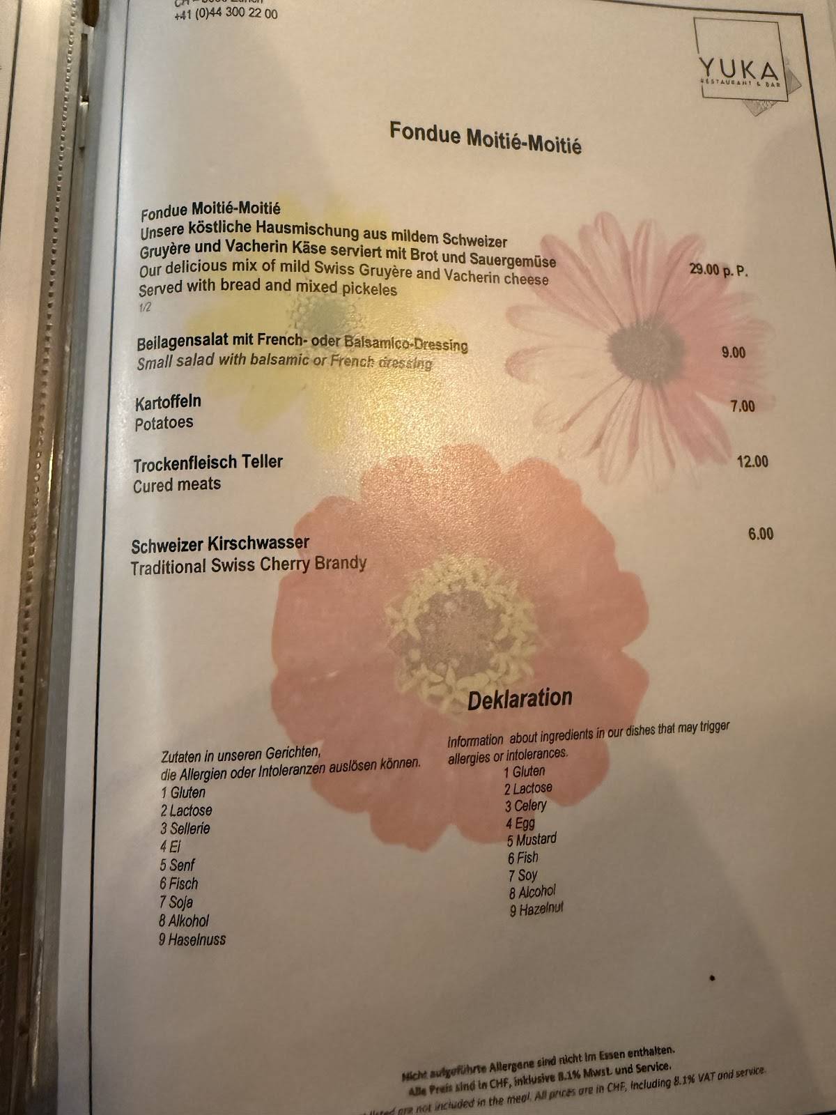 Menu at Yuka, Zürich, Stampfenbachstrasse 60