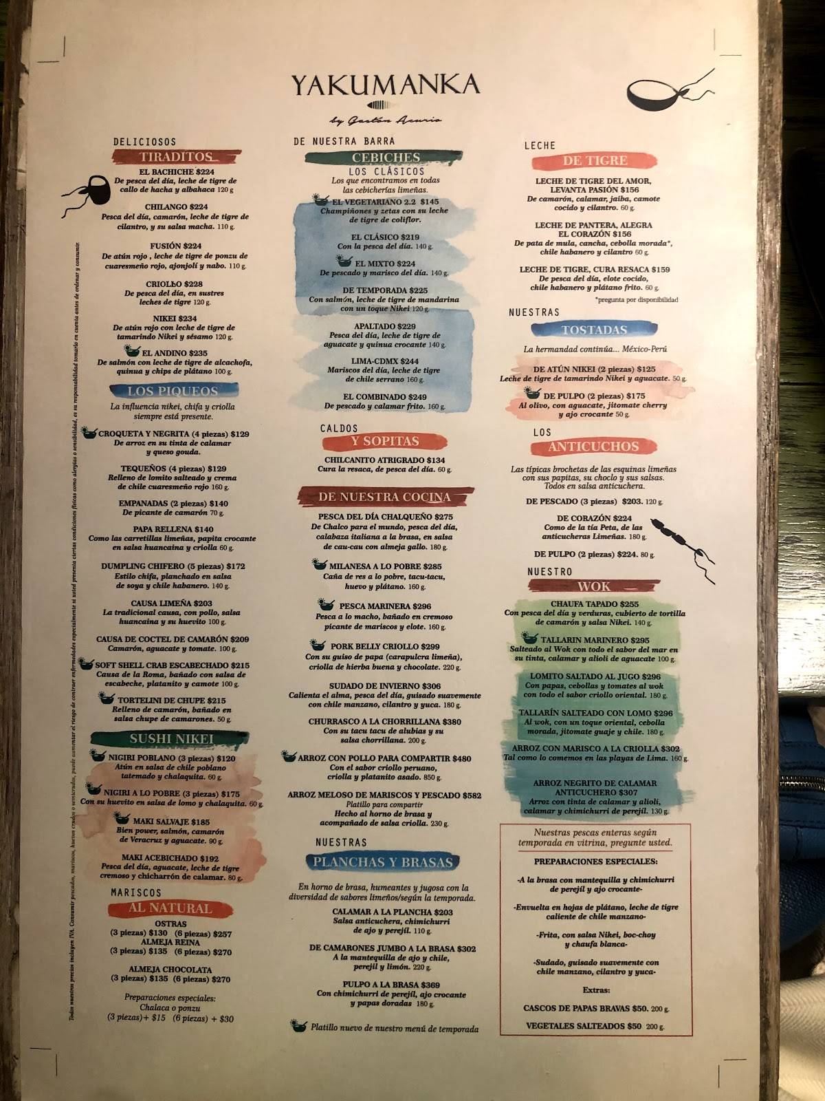 Carta del restaurante Yakumanka, Ciudad López Mateos