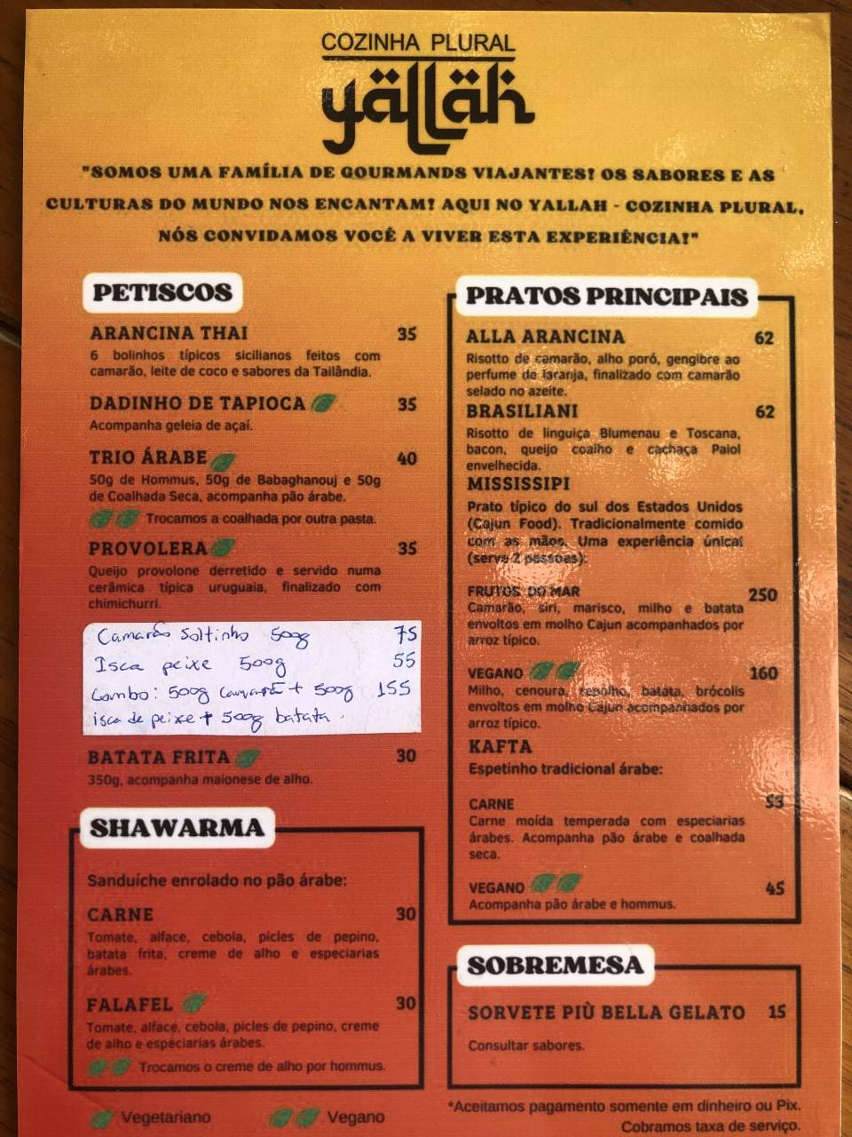 Menu em Yallah - Bar Das Arábias, Piçarras