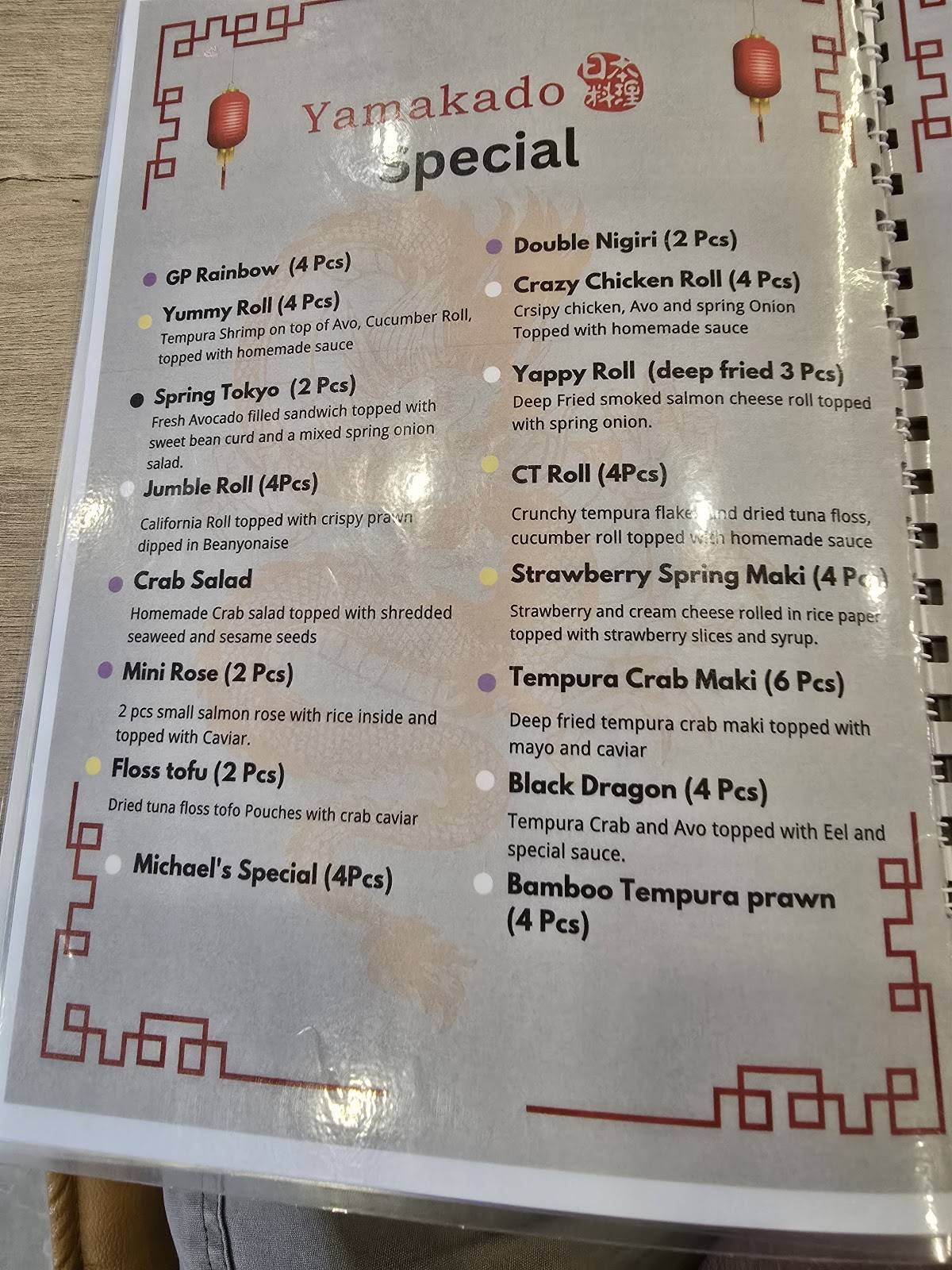 Menu at Yamakado Sushi Restaurant, Pretoria, The Grove Mall