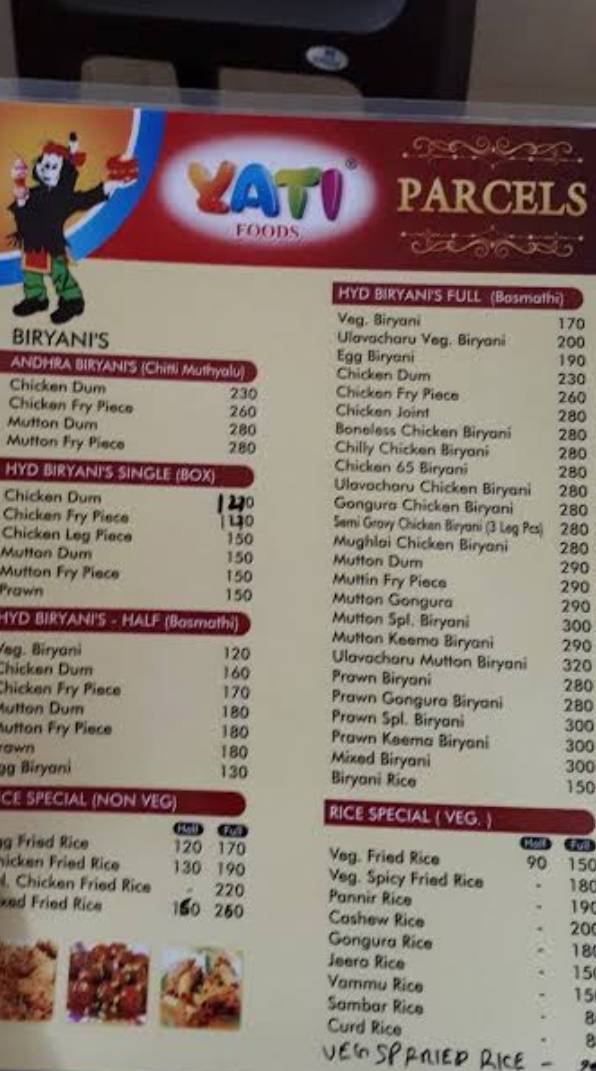 Menu at Yati foods, Kakinada, NH 214