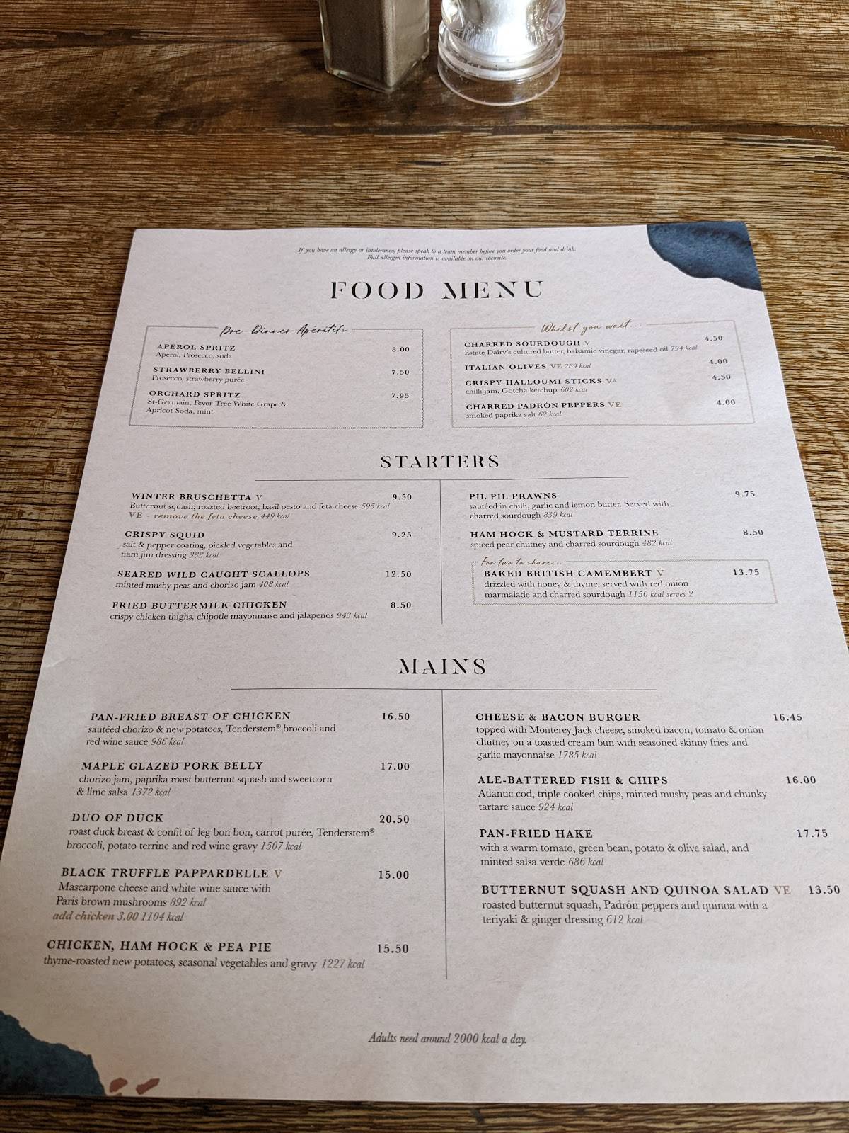 Menu at Ye Olde Saracen's Head pub & bar, Balsall Common