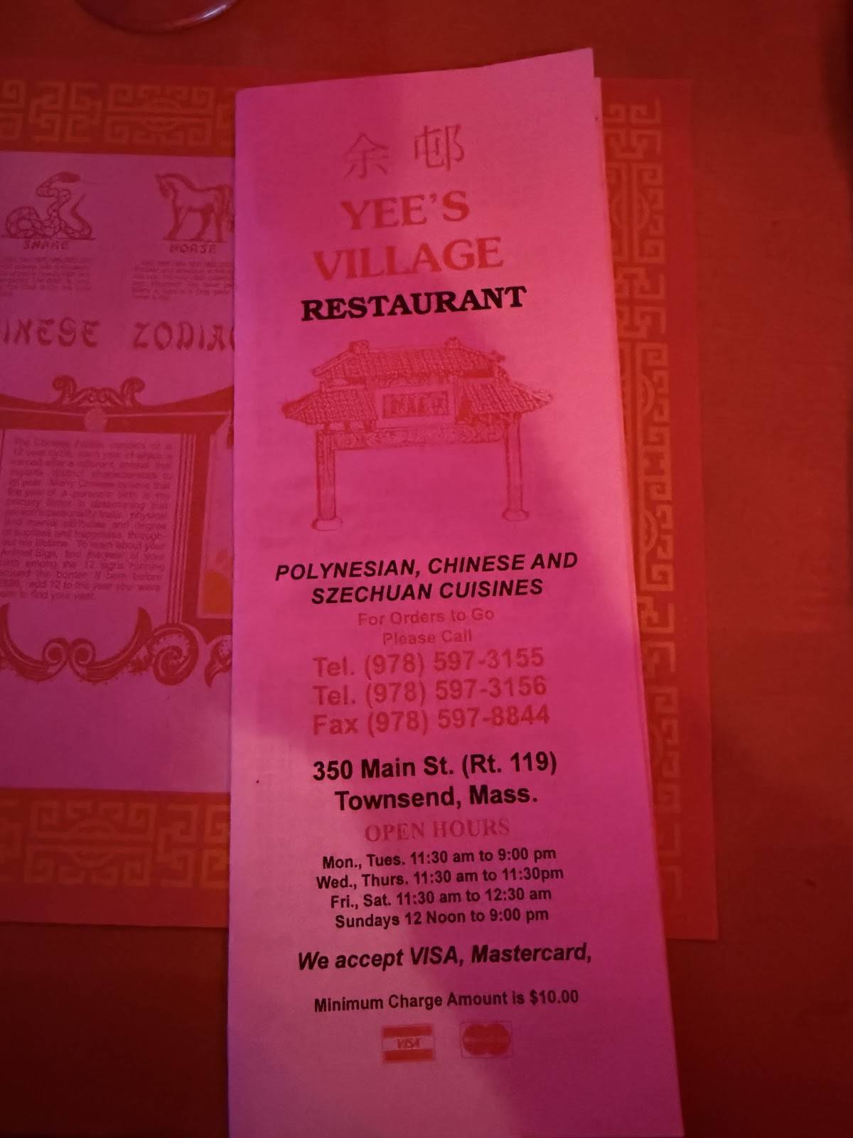 Menu at Yee's Village restaurant, Townsend, 350 Main St