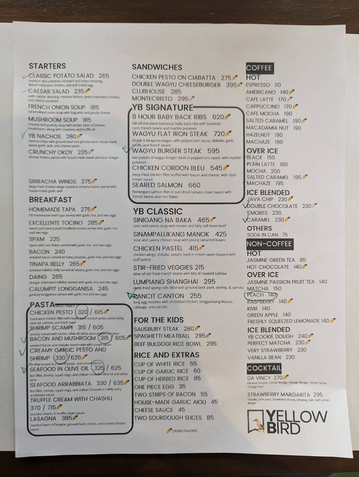 Menu at Yellow Bird Cafe X Kitchen, Antipolo