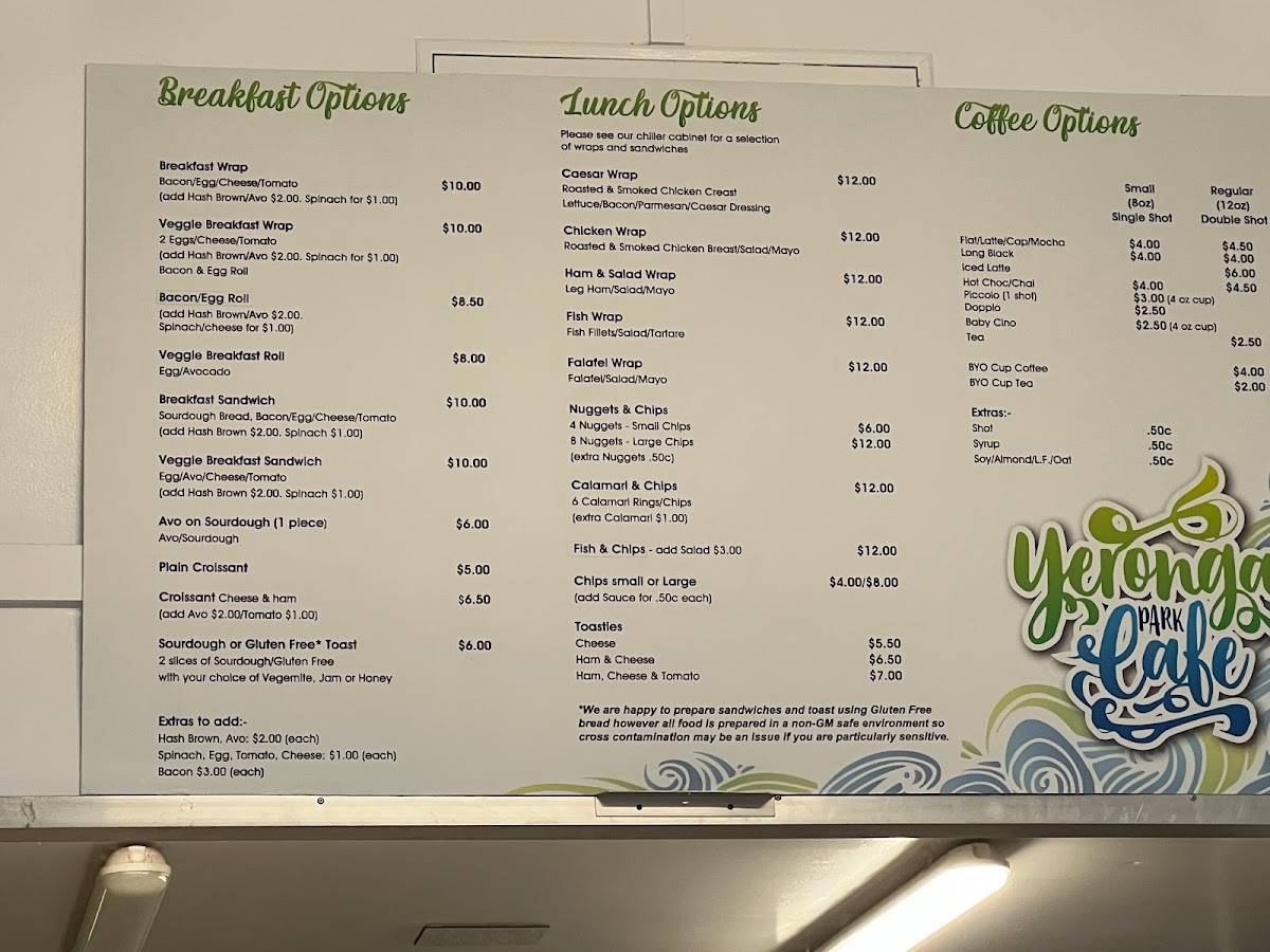 Menu at Yeronga Park Cafe, Yeronga