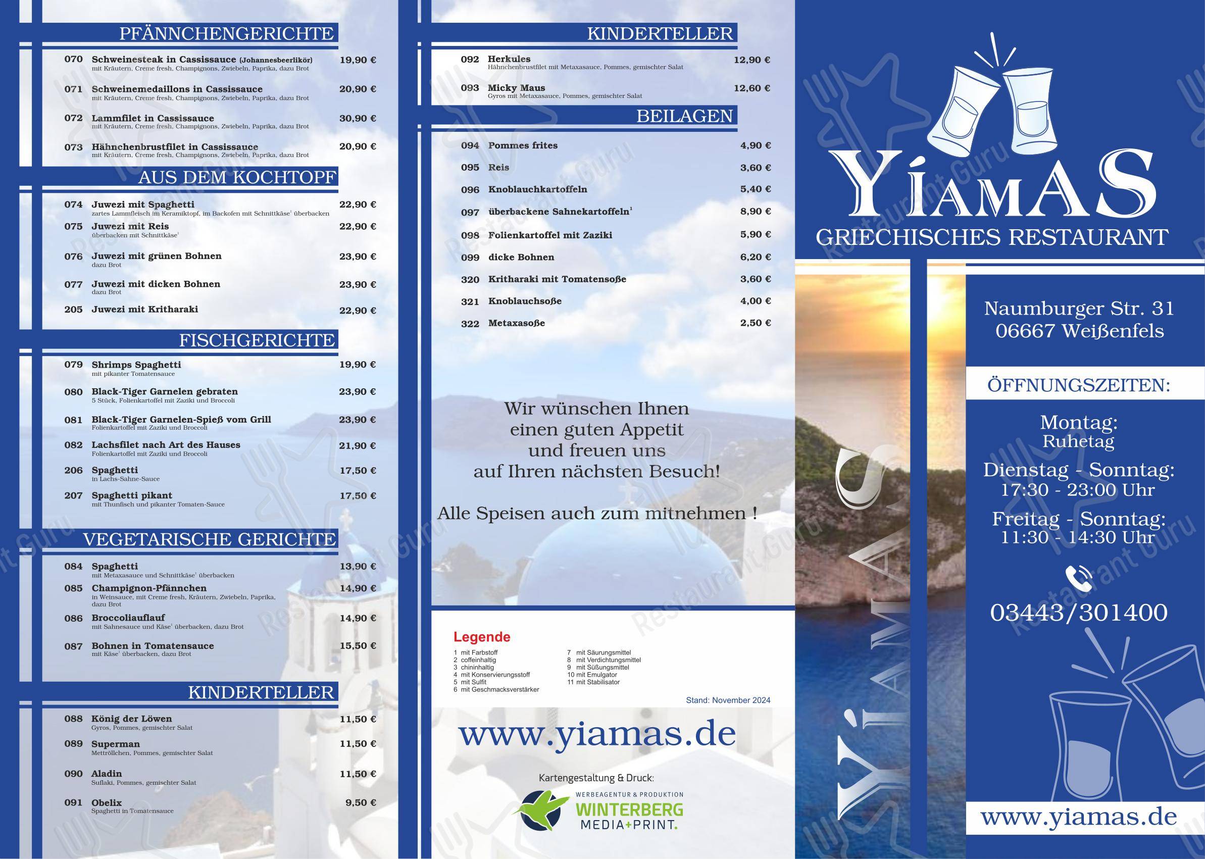 Speisekarte von Yiamas restaurant, Weißenfels