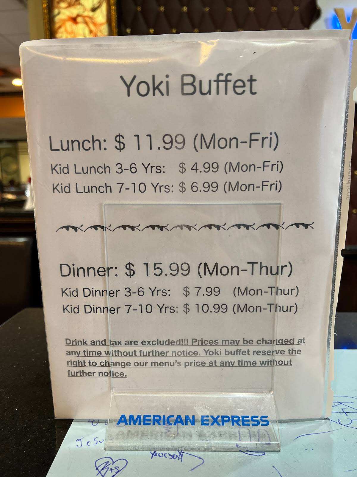 Menu at Yoki Buffet restaurant, Murfreesboro