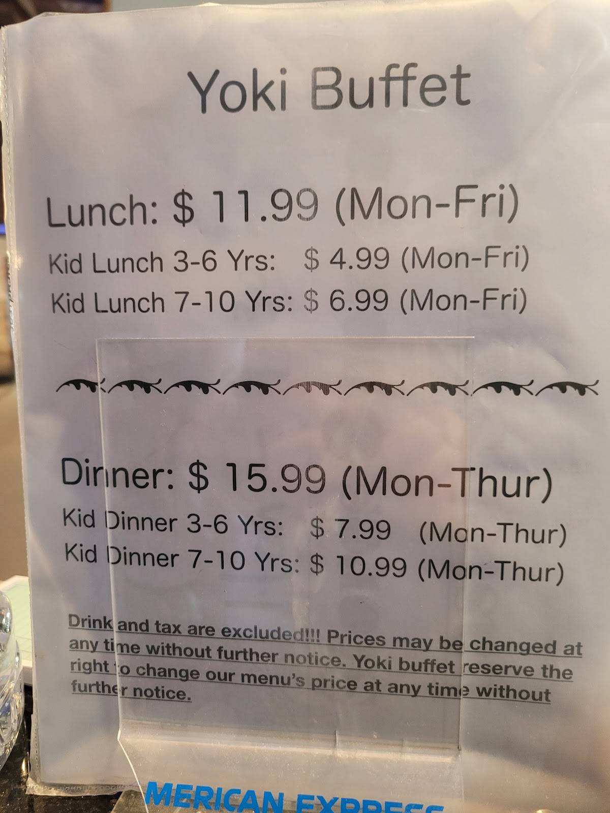 Menu at Yoki Buffet restaurant, Murfreesboro
