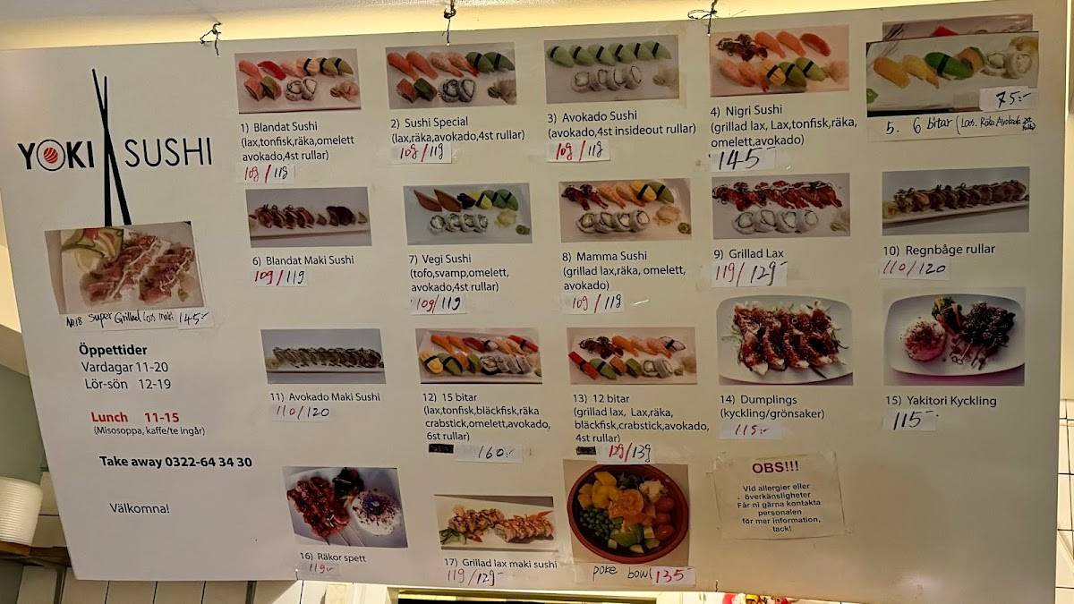 Menu at Yoki Sushi restaurant, Alingsås