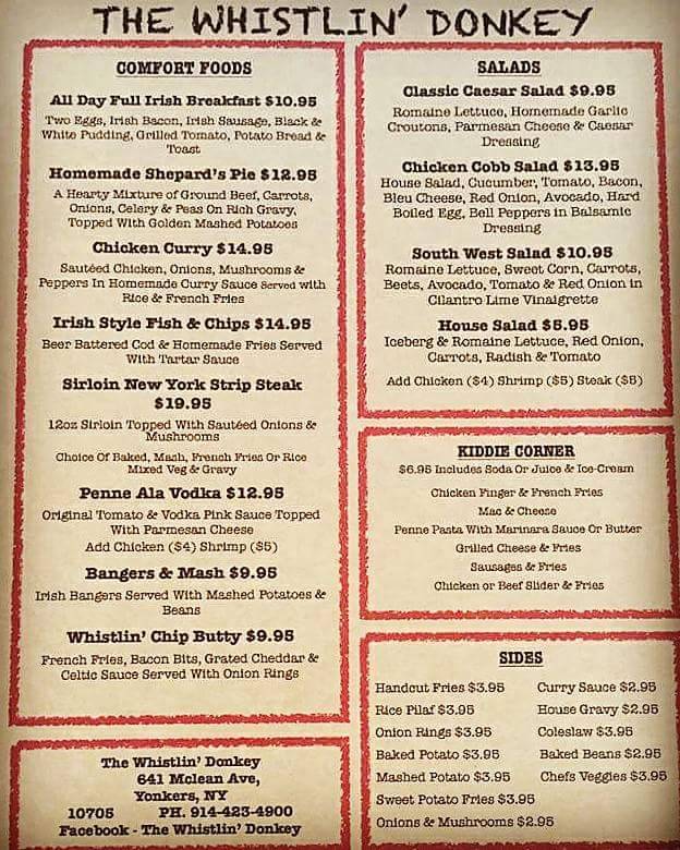 Menu at The Whistlin' Donkey pub & bar, Yonkers