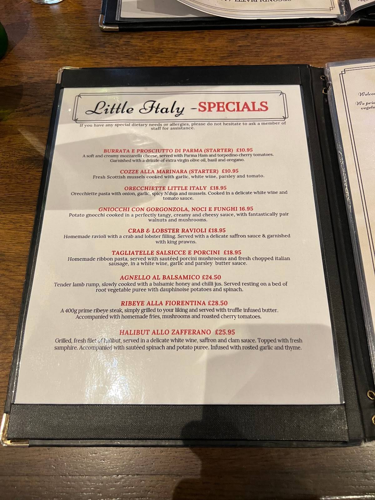 Menu at Little Italy restaurant, York