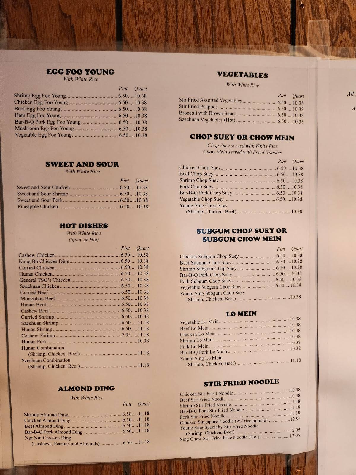 Menu at Young Sing Chinese Restaurant, Flint
