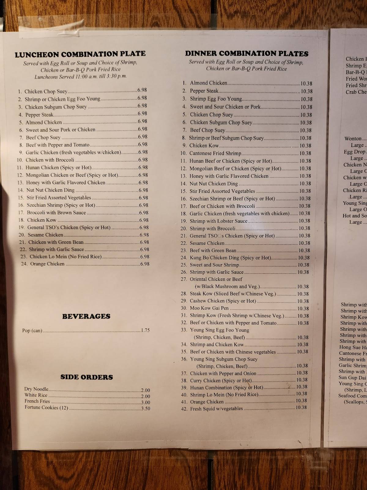 Menu at Young Sing Chinese Restaurant, Flint