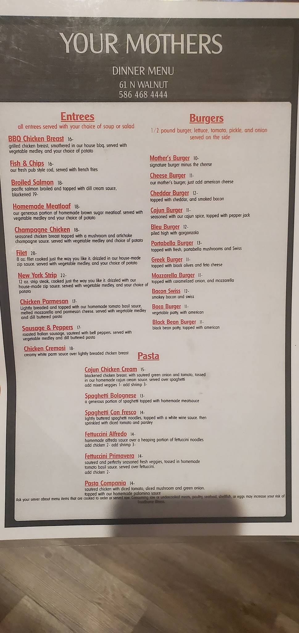 Menu at Your Mothers Food & Spirits pub & bar, Mount Clemens