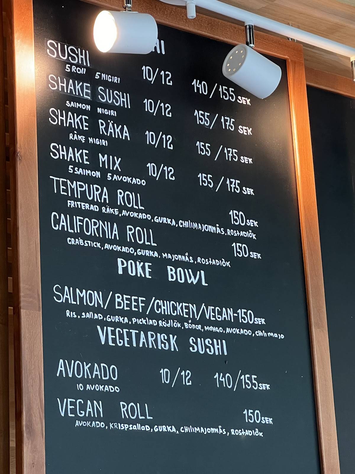 Menu at Yuki sushi restaurant, Solna