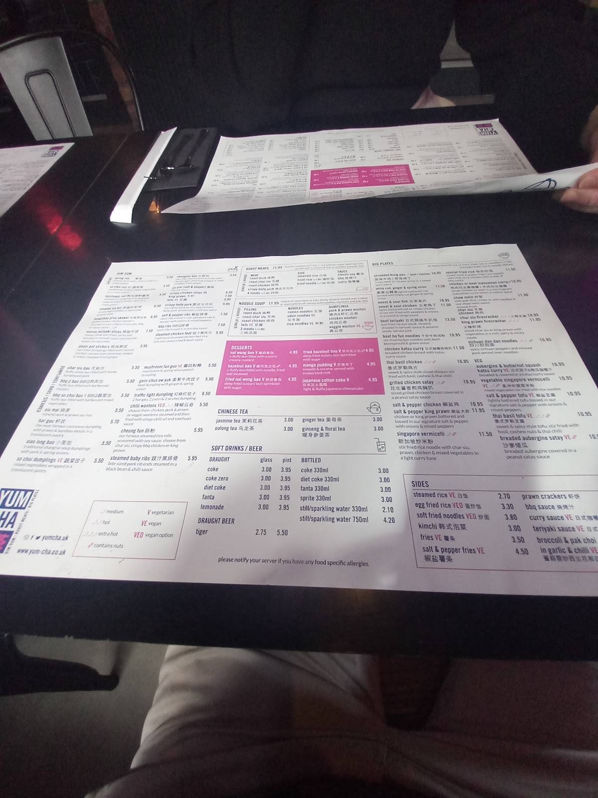 Menu at Yum Cha restaurant, Liverpool