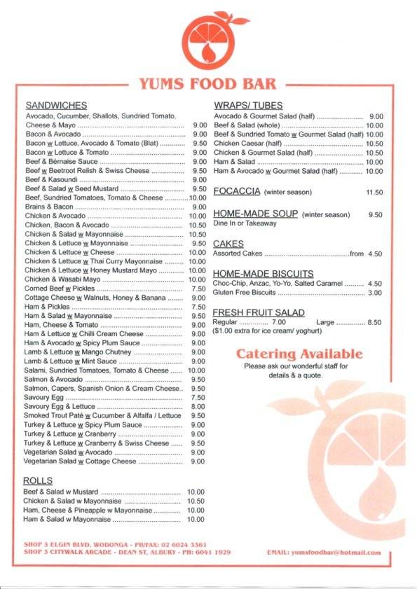Menu at Yums Food Bar, Albury