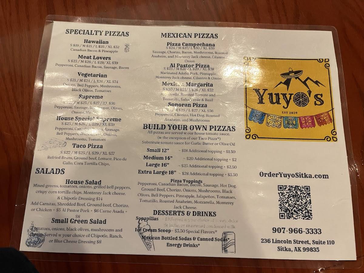 Menu at Yuyo's Pizza & Mexican Kitchen pizzeria, Sitka