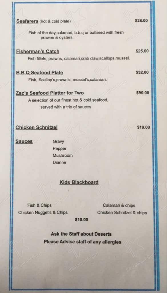 Menu at Zac's Place restaurant, Currarong