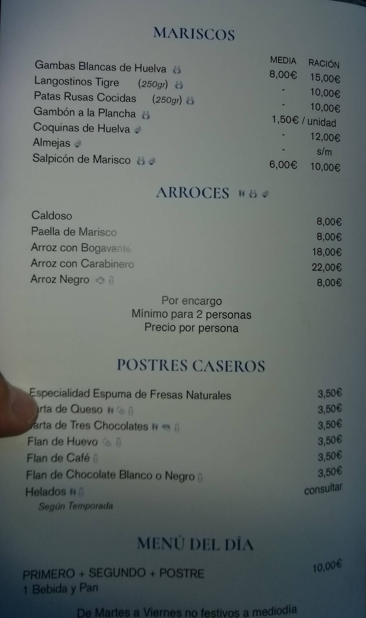 Carta del pub y bar Rincón Rociero C.B., Zafra