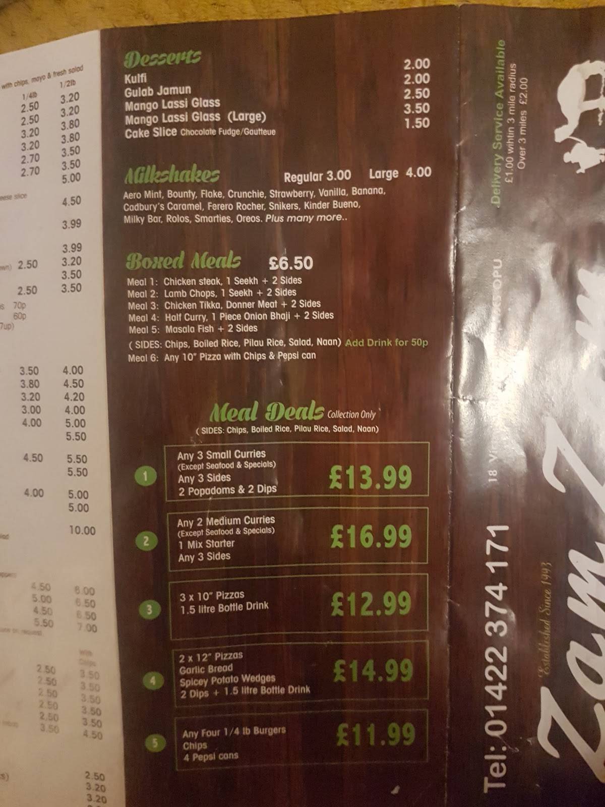 Menu at Zam Zam restaurant, Elland