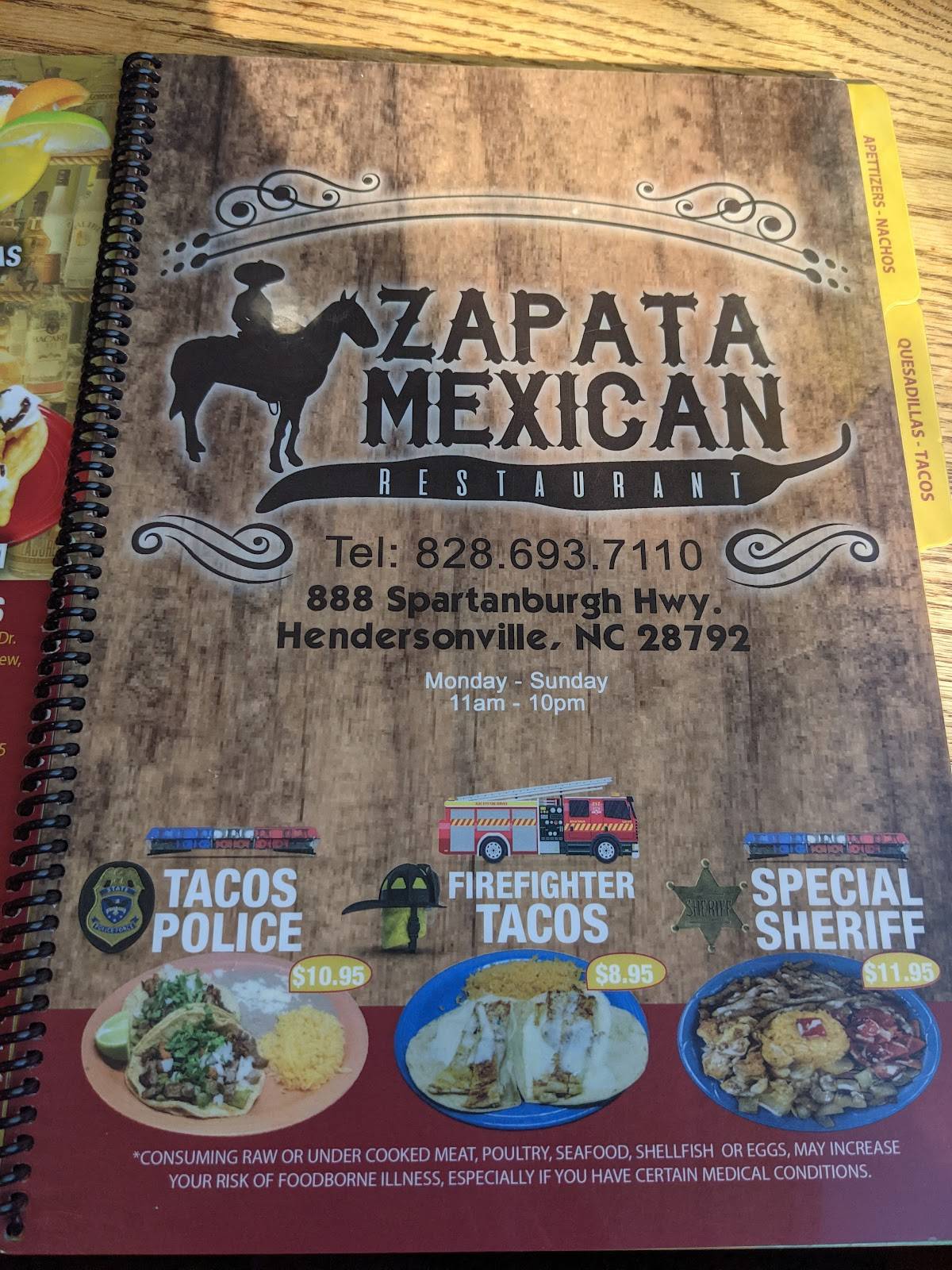 Menu at Zapata Mexican Restaurant, Hendersonville