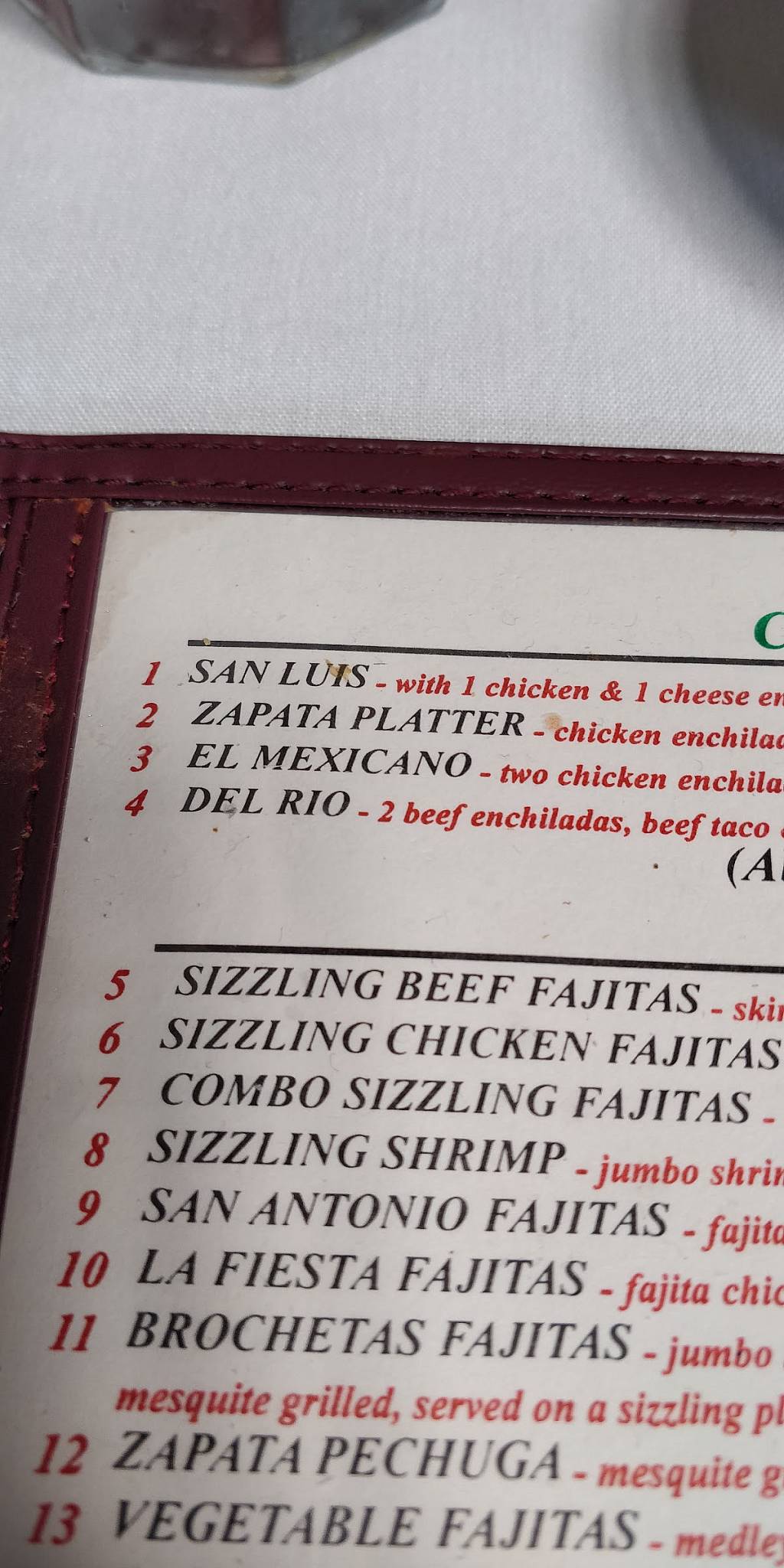 Menu at Zapata's restaurant, Texarkana