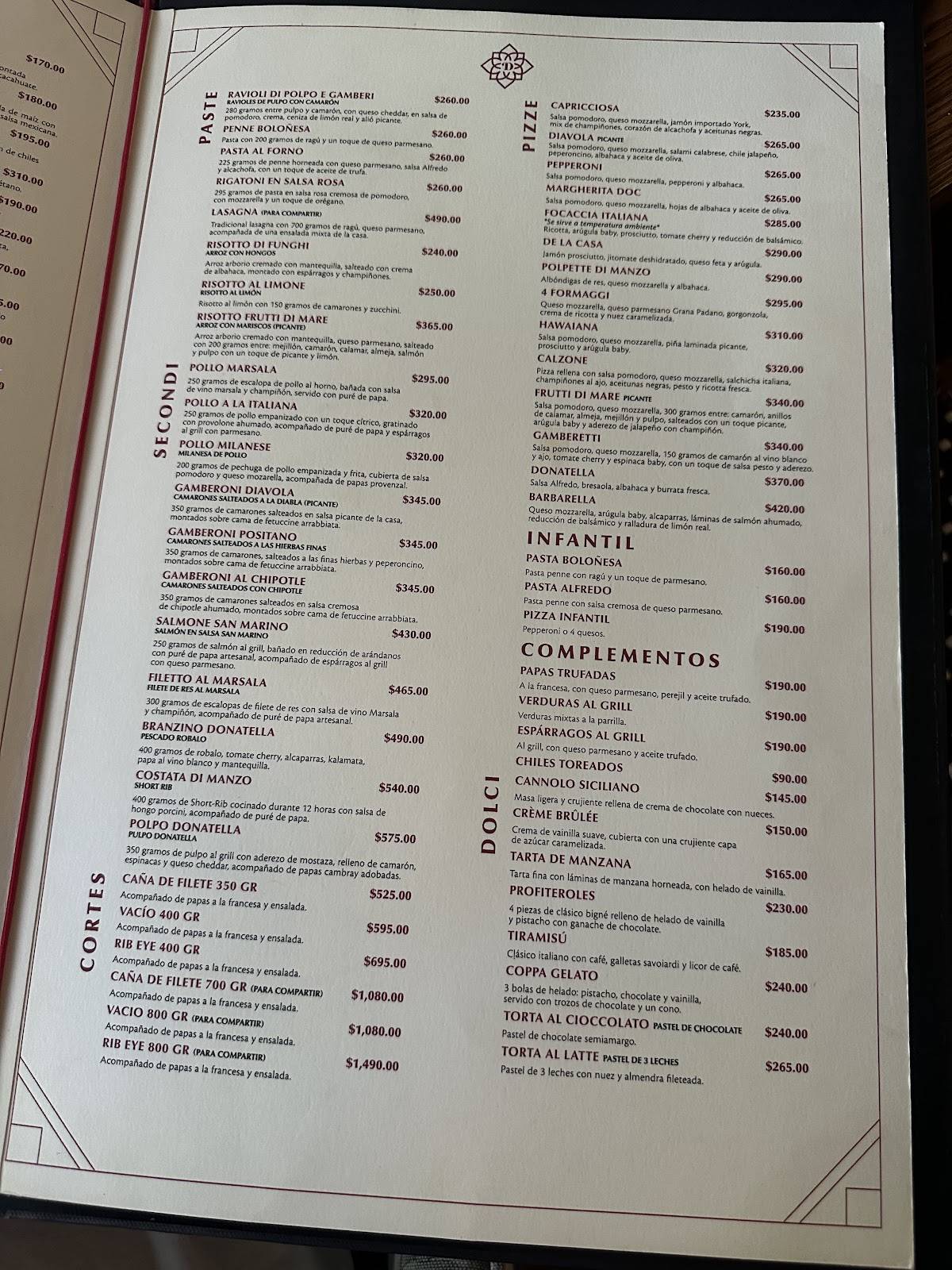 Carta del restaurante Donatella, Zapopan, Av. Niño Obrero 910
