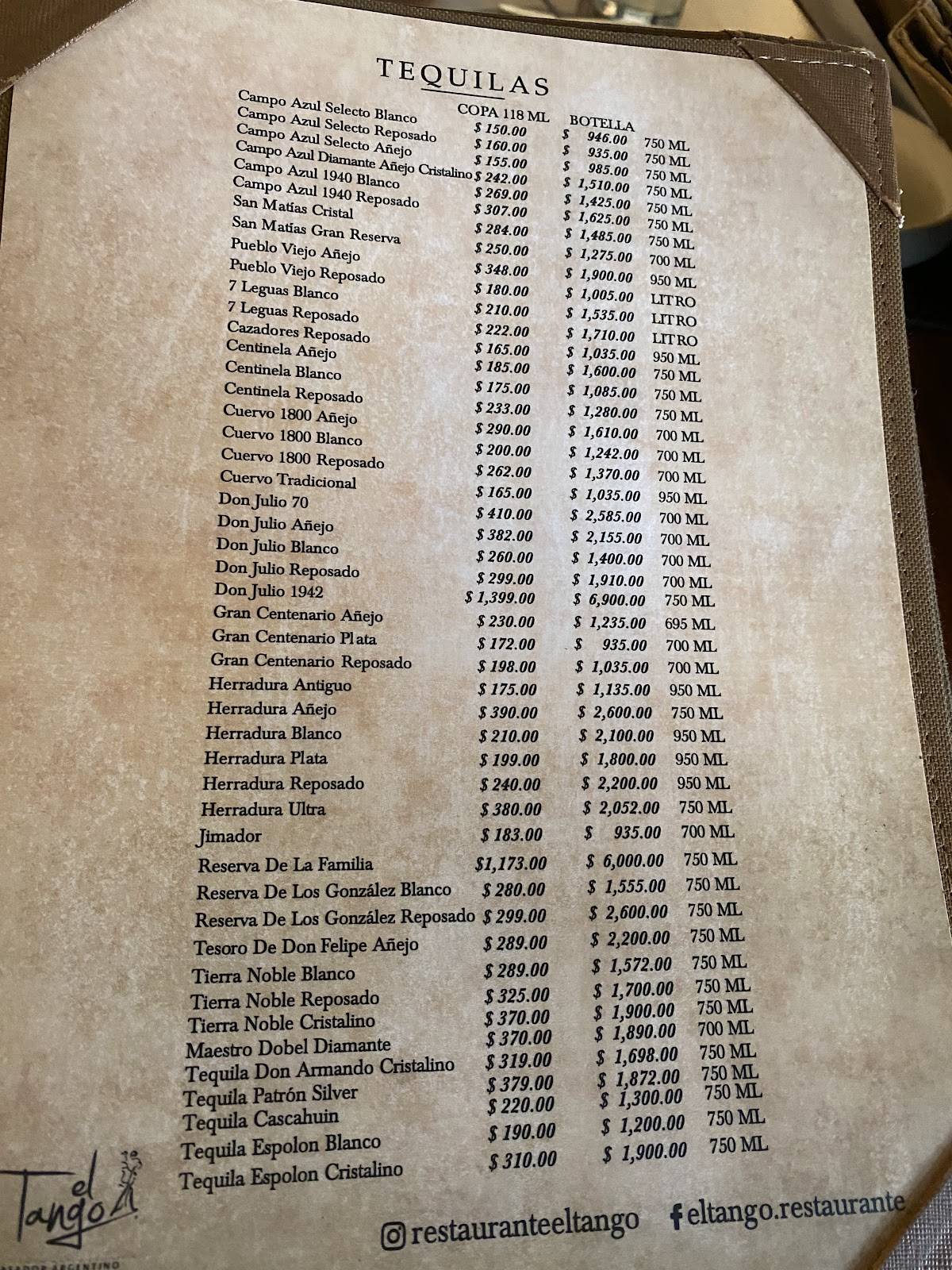 Carta del restaurante El Tango, Zapopan