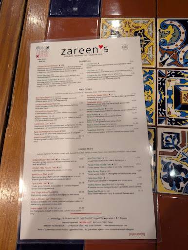 Menu at Zareen's restaurant, Mountain View