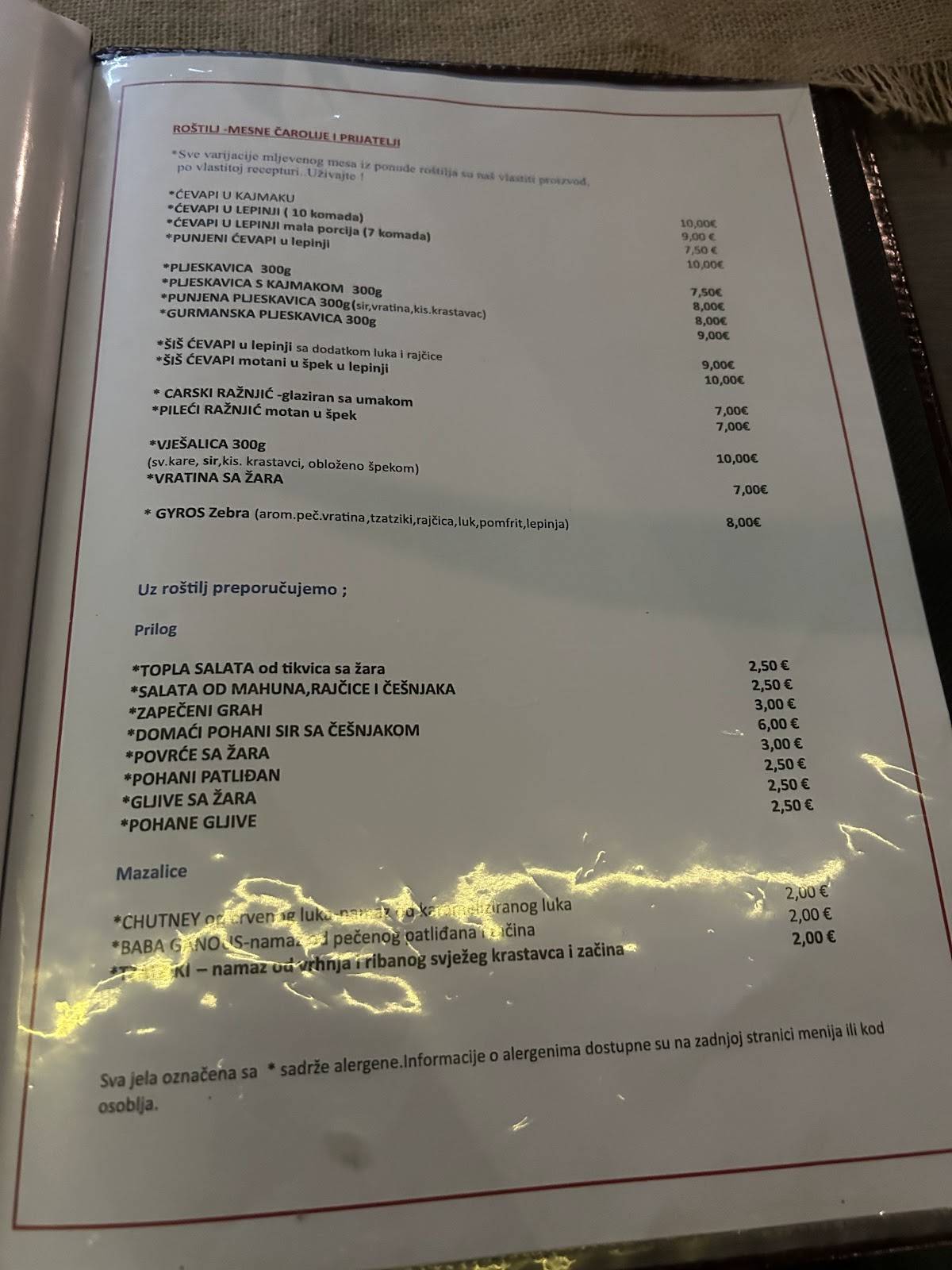 Menu at Zebra restaurant, Croatia, Ul. Stjepana Radića 25