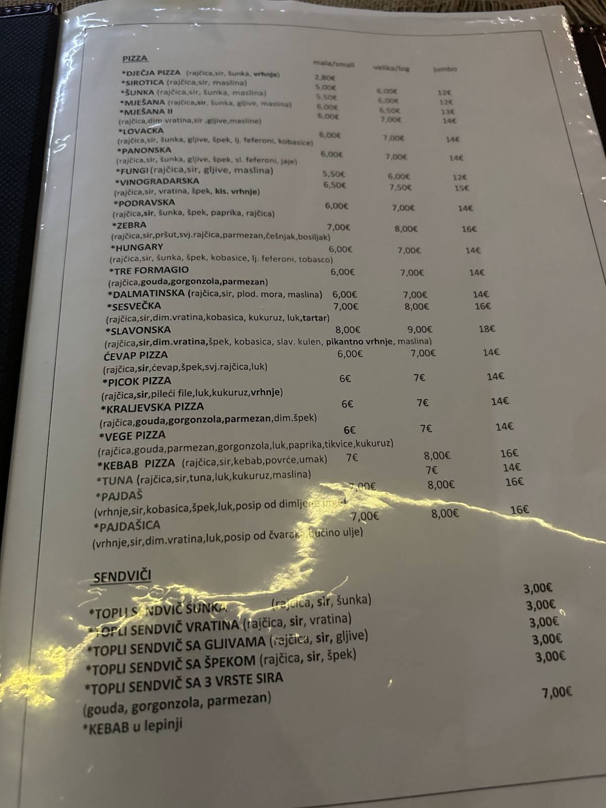 Menu at Zebra restaurant, Croatia, Ul. Stjepana Radića 25