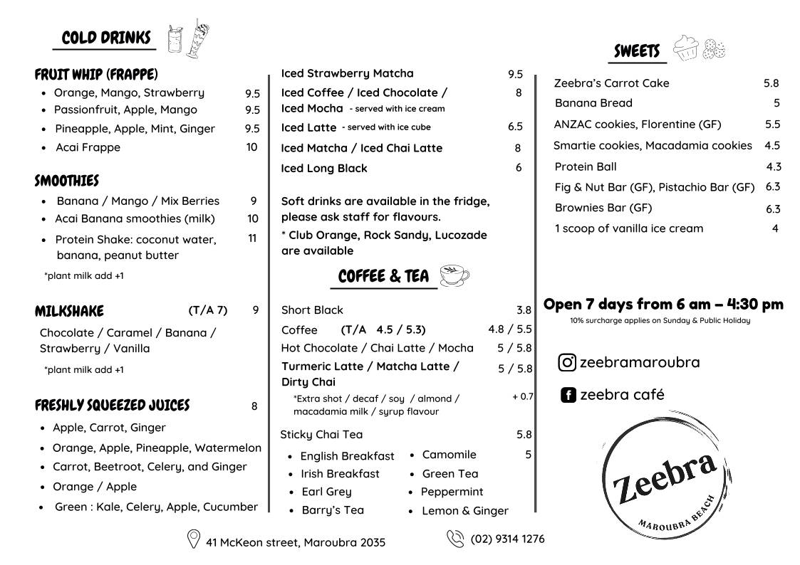 Menu at Zeebra Cafe, Maroubra